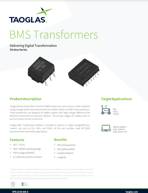 Taoglas BMS Transformers Brochure | TTI Europe
